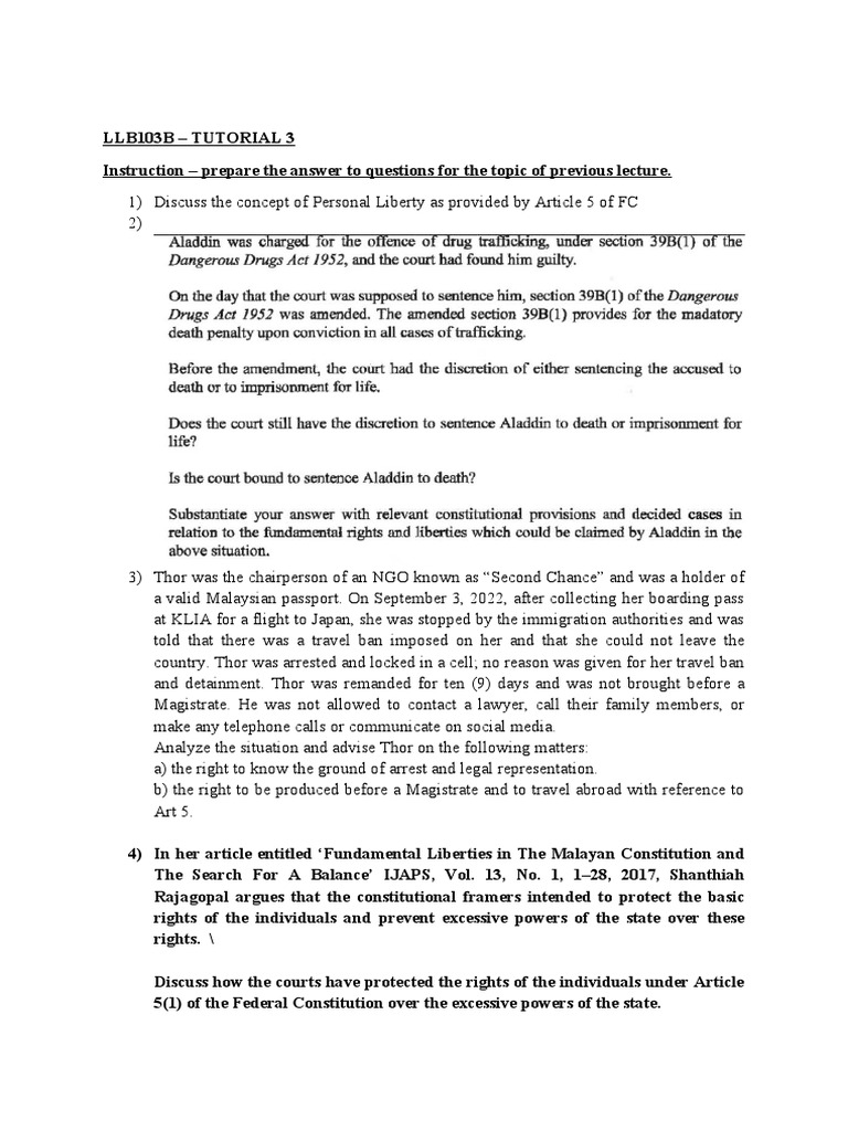 LLB103B TUTORIAL 4 Article 5 | PDF | Arrest | Habeas Corpus
