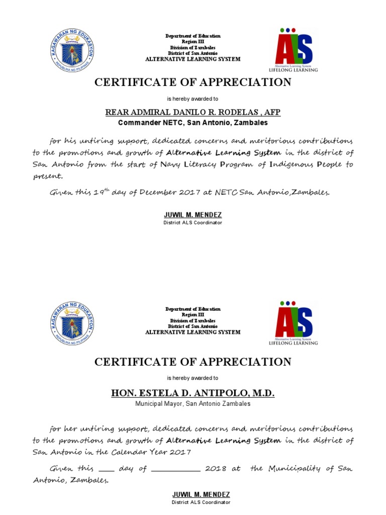 Certificate of Appreciation | PDF | Public Administration | Philippines