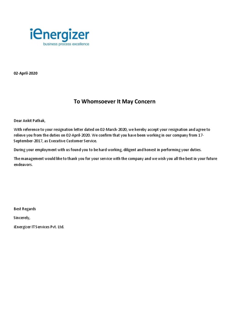 Relieveing Letter - Ienergizer | PDF