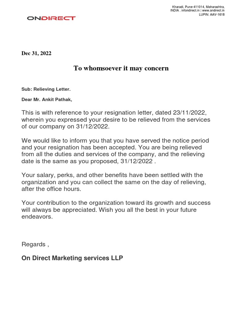 Relieveing Letter - Xdbs | PDF