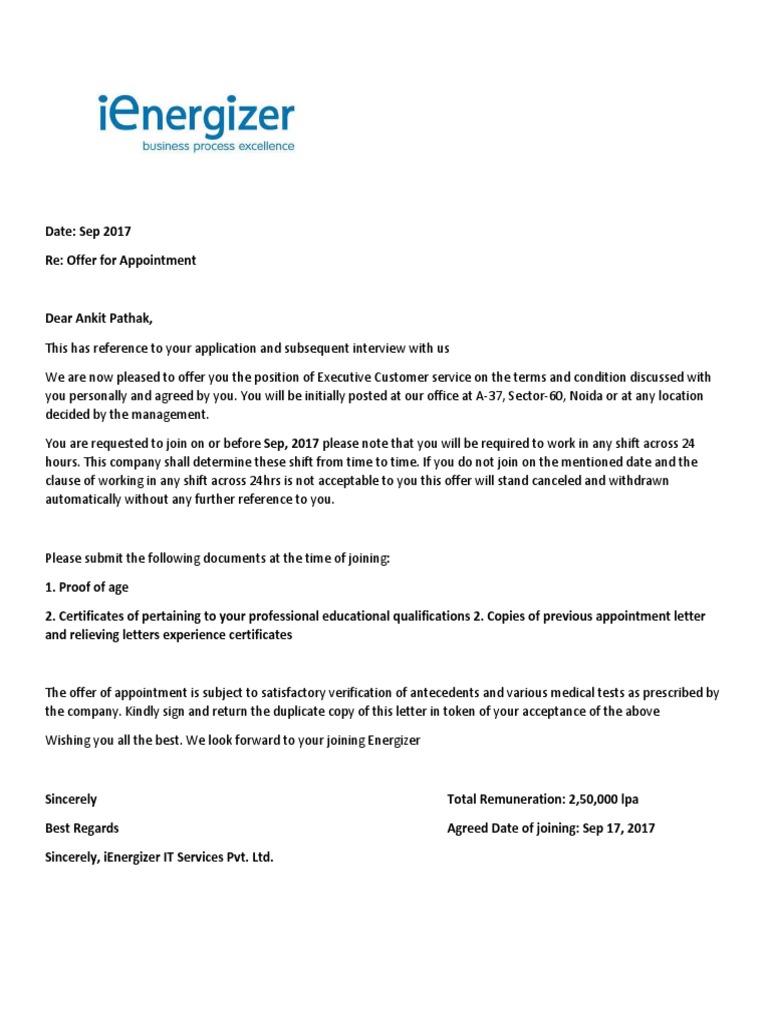 Offer Letter - Ienergiser | PDF