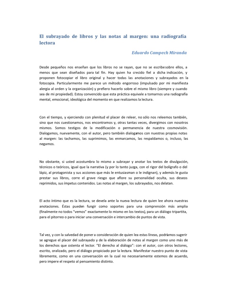 El Subrayado de Libros y Las Notas Al Margen | PDF | Lectura (proceso ...