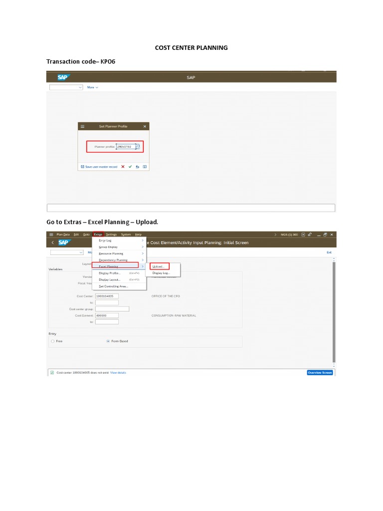 Uploading and Validating Cost Center Planning Data in CSV Format using Transaction Code KP06 | PDF