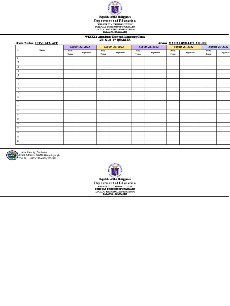 Classroom Attendance Monitoring Form Pdf