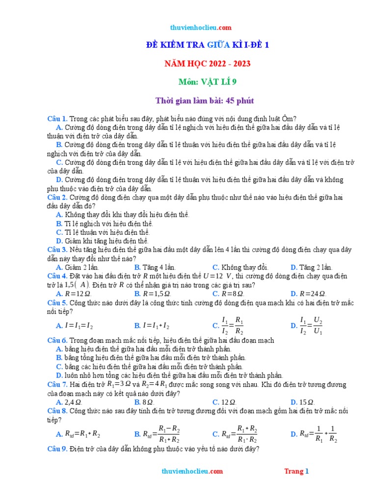 De Thi Giua HK1 Vat Li 9 Nam 2022 2023 de 1 | PDF