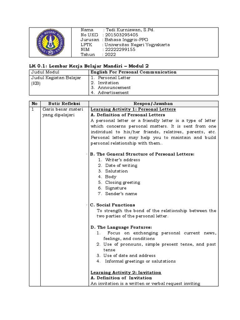 LK 0.1 Lembar Kerja Belajar Mandiri Modul Bahasa Inggris 2 Tedi ...