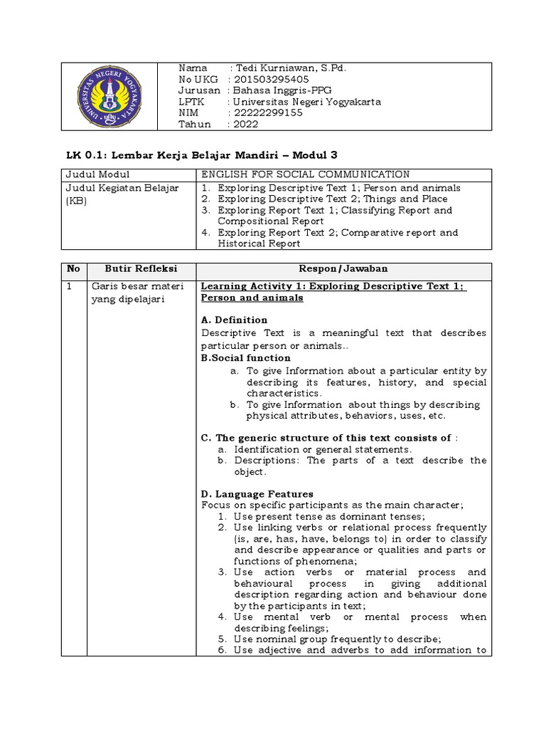 LK 0.1 Lembar Kerja Belajar Mandiri Modul Bahasa Inggris 3 Tedi ...