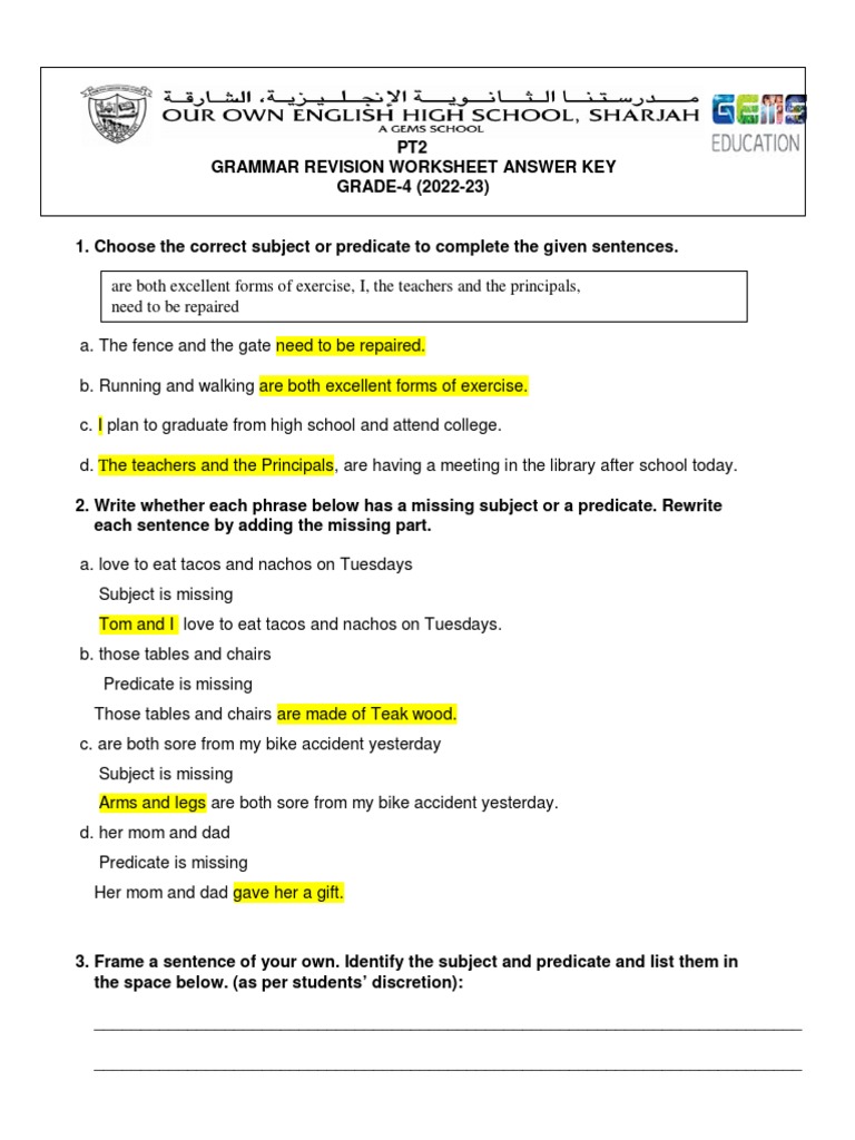 Grade 4 Grammar Revision Answers | PDF | Subject (Grammar) | Predicate ...