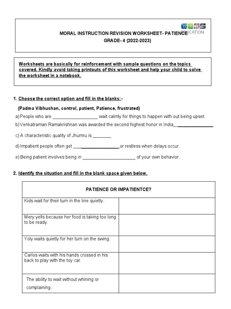 Grade 4 - Patience Revision Worksheet - 2022-23 CRP | PDF | Behavioural ...