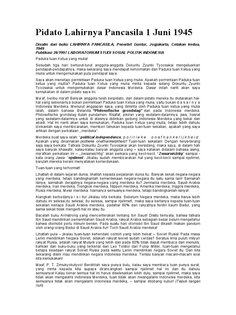 Pidato Lahirnya Pancasila 1 Juni 1945 | PDF