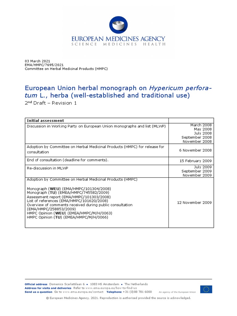 Second Draft European Union Herbal Monograph Hypericum Perforatum L ...