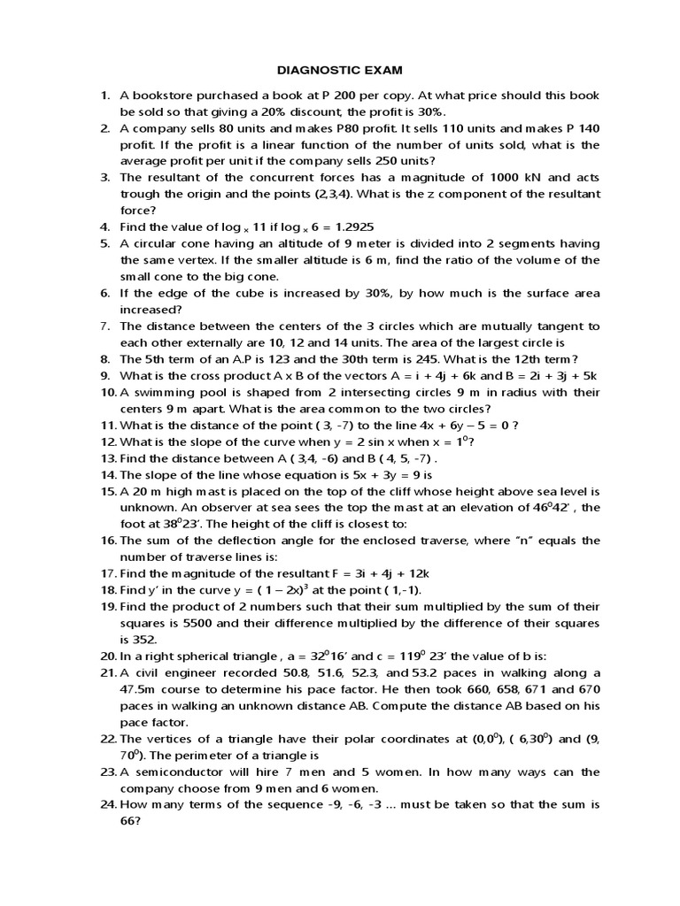 Mste Diagnostic Exam Civil Engineering Pdf Triangle Area