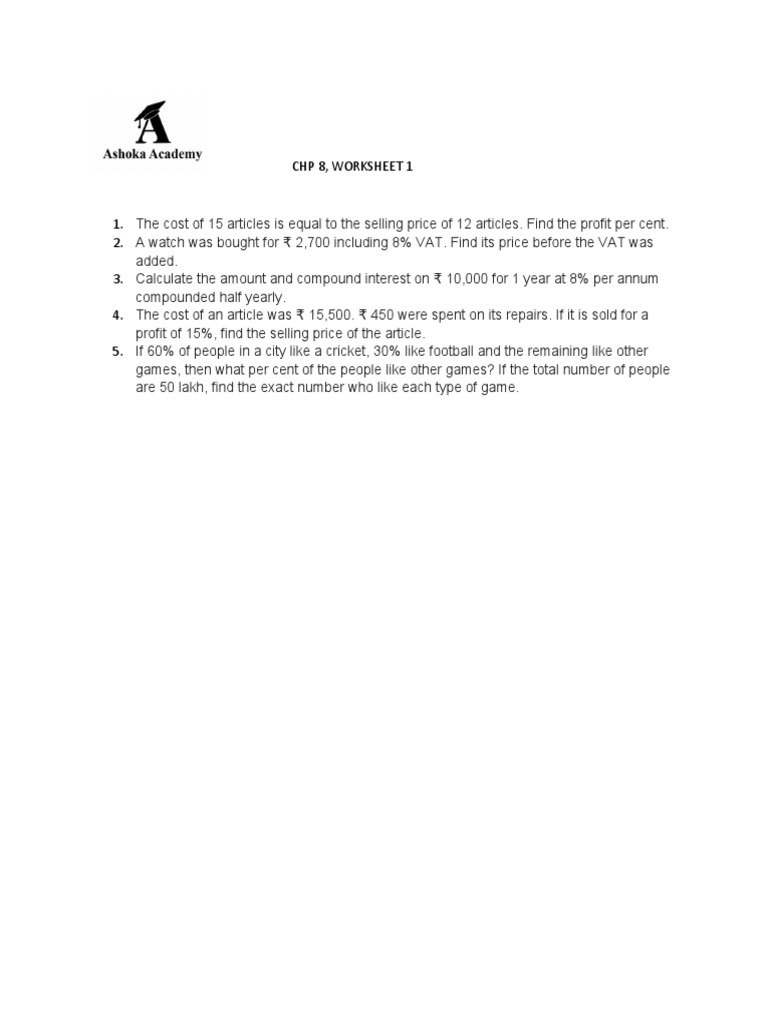 CHP 8, Worksheet 1 | PDF | Finance & Money Management | Games & Activities