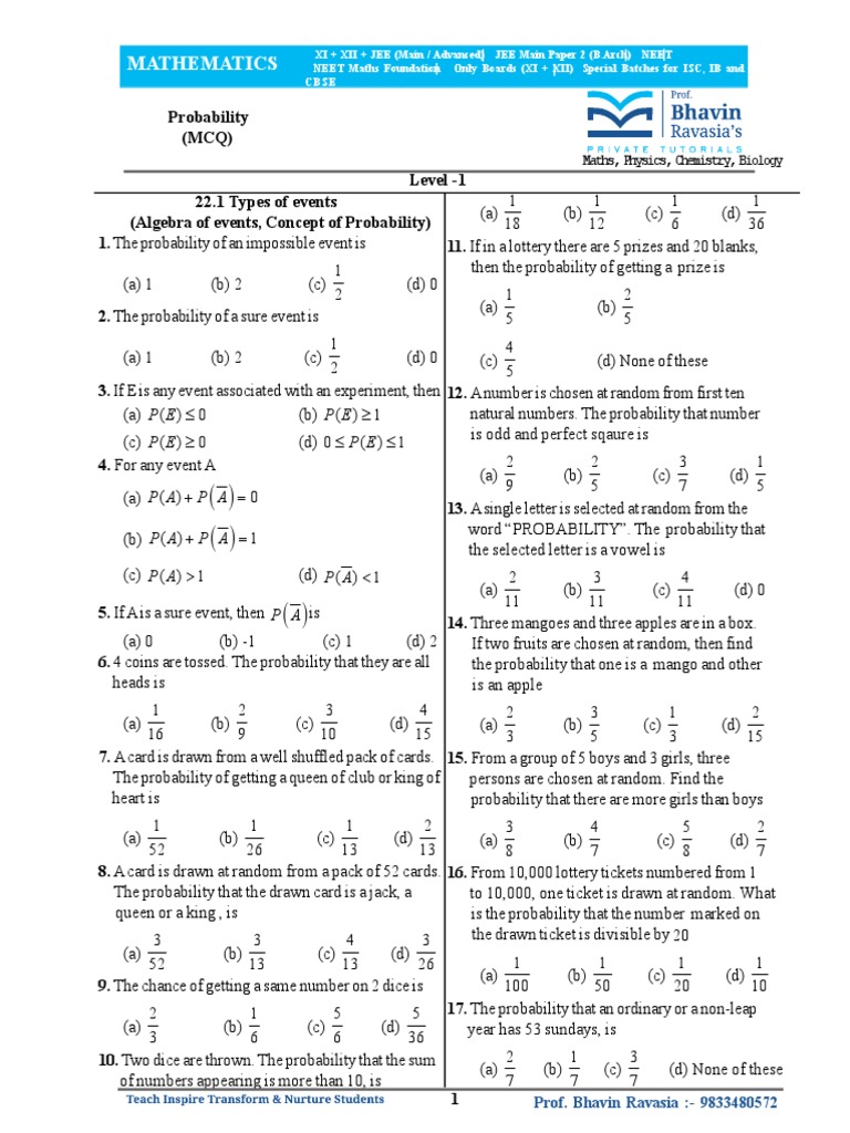 Mathematics Chapter - 22 Probability (MCQ) Worksheet 02 Jan 2023 | PDF | Randomness | Probability