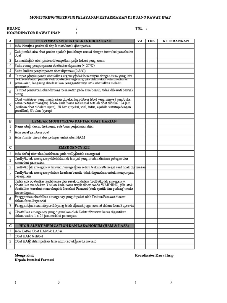 Ceklis Monitoring Supervisi Pelayanan Farmasi | PDF
