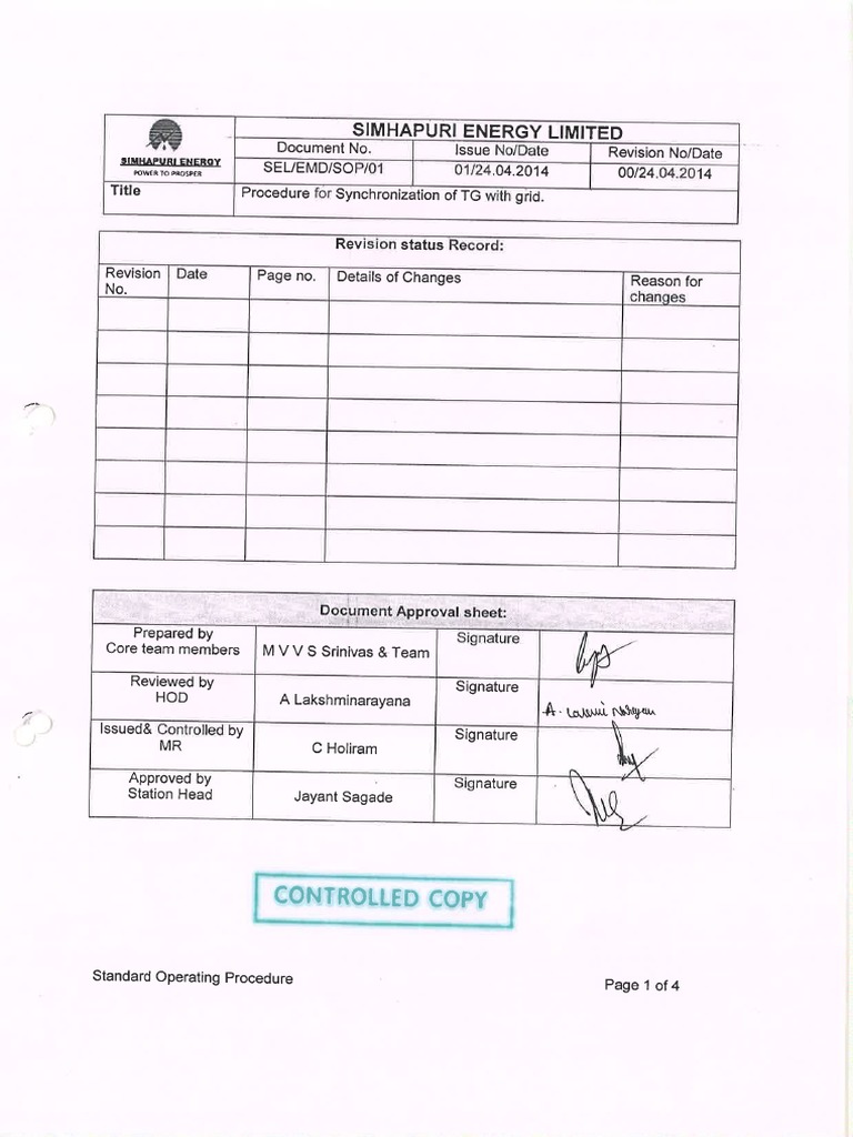 SEL-EMD-SOP-01, Procedure of Synchronisation of TG With Grid | PDF