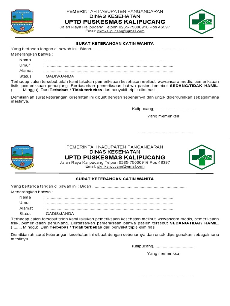 Surat Keterangan Sehat Catin Pria/Wanita | PDF