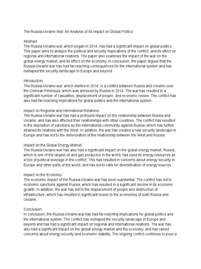 The Russia-Ukraine War - An Analysis of Its Impact On Global Politics ...