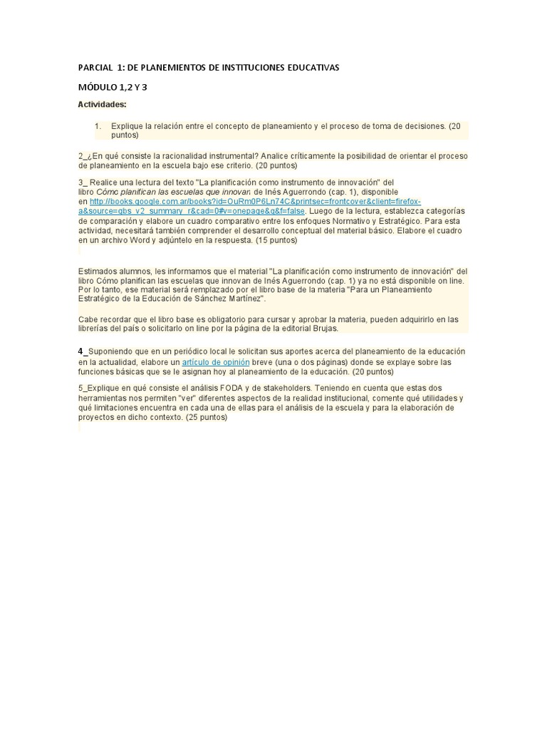 Parcial 1, Planeamiento de Instituciones Educativas | PDF | Evaluación | Planificación