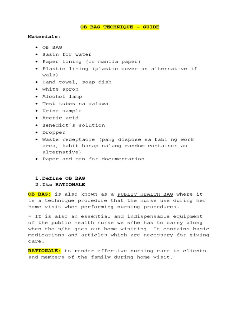 OB BAG Techniqueguide | PDF | Hand Washing | Urine