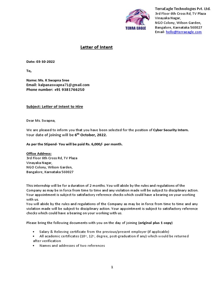 Letter of Intent - Swapna | PDF