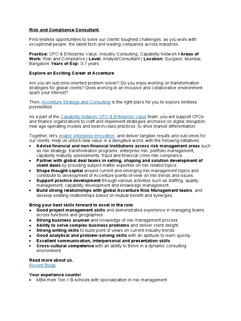 JD - CFO - EV - Risk and Compliance Consultant - 4 | PDF | Consultant | Risk