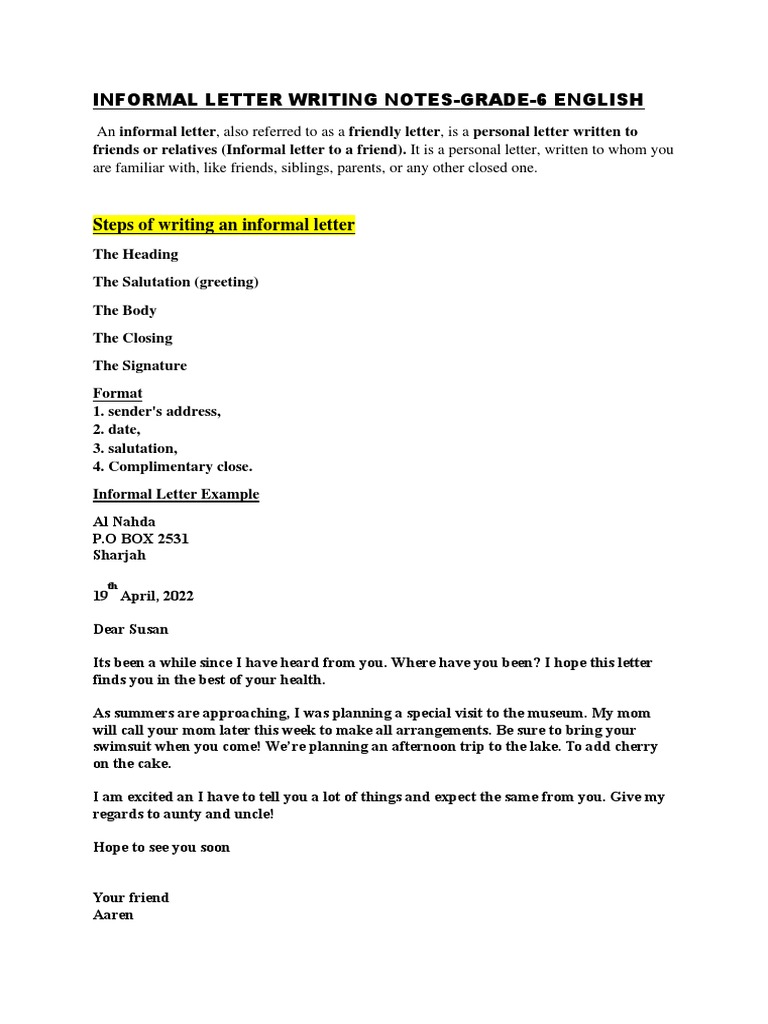 Informal Friendly Letter Format