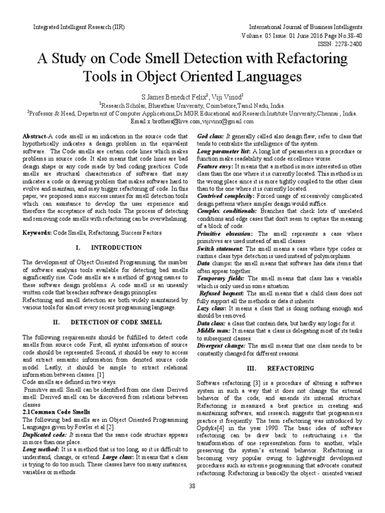 A Study On Code Smell Detection With Refactoring Tools in Object Oriented Languages | PDF ...
