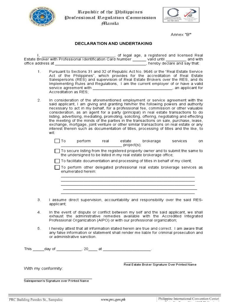 2021-11 Annex B Declaration and Undertaking - Res - 0 | Download Free ...