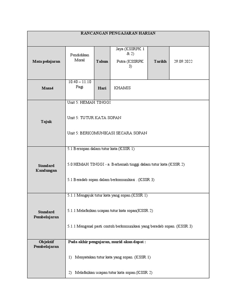 Pendidkan Moral Lesson Plan KSSR 1,2 & 3 (29 September 2022) | PDF