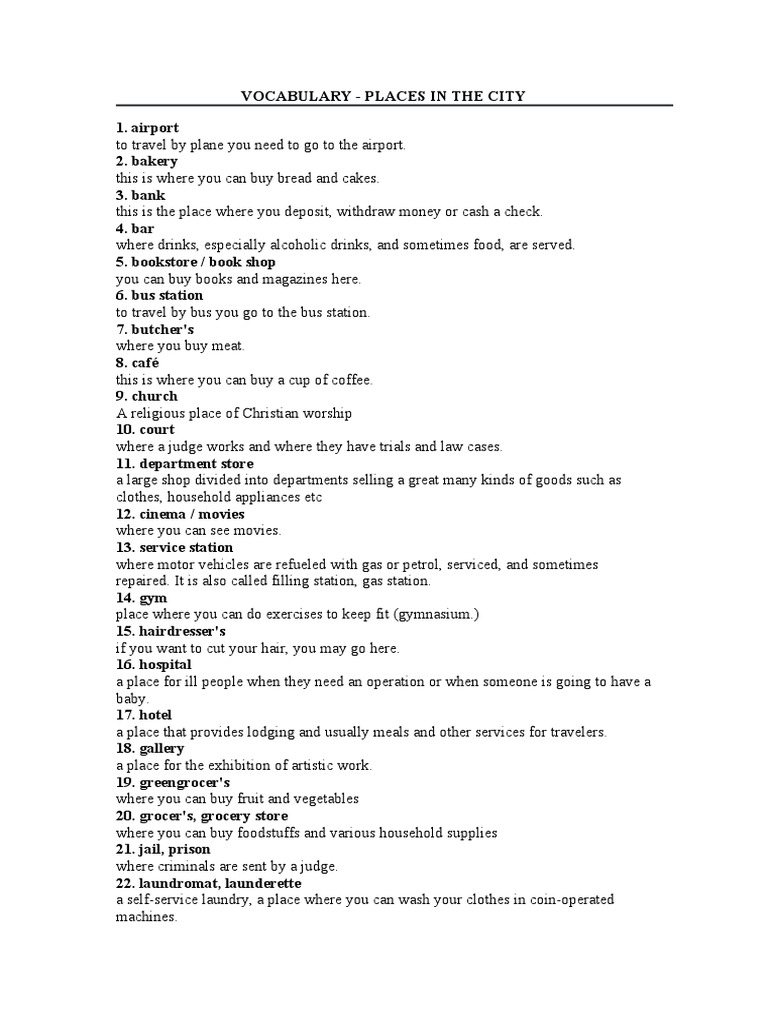 VOCABULARY-Place in The City | PDF | Food And Drink | Service Industries