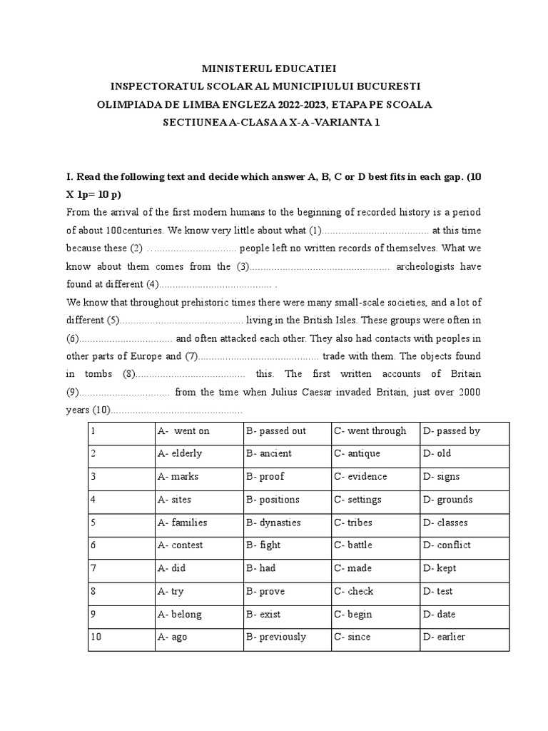 Clasa A 10-A Sectiunea A Subiect Si Barem | PDF