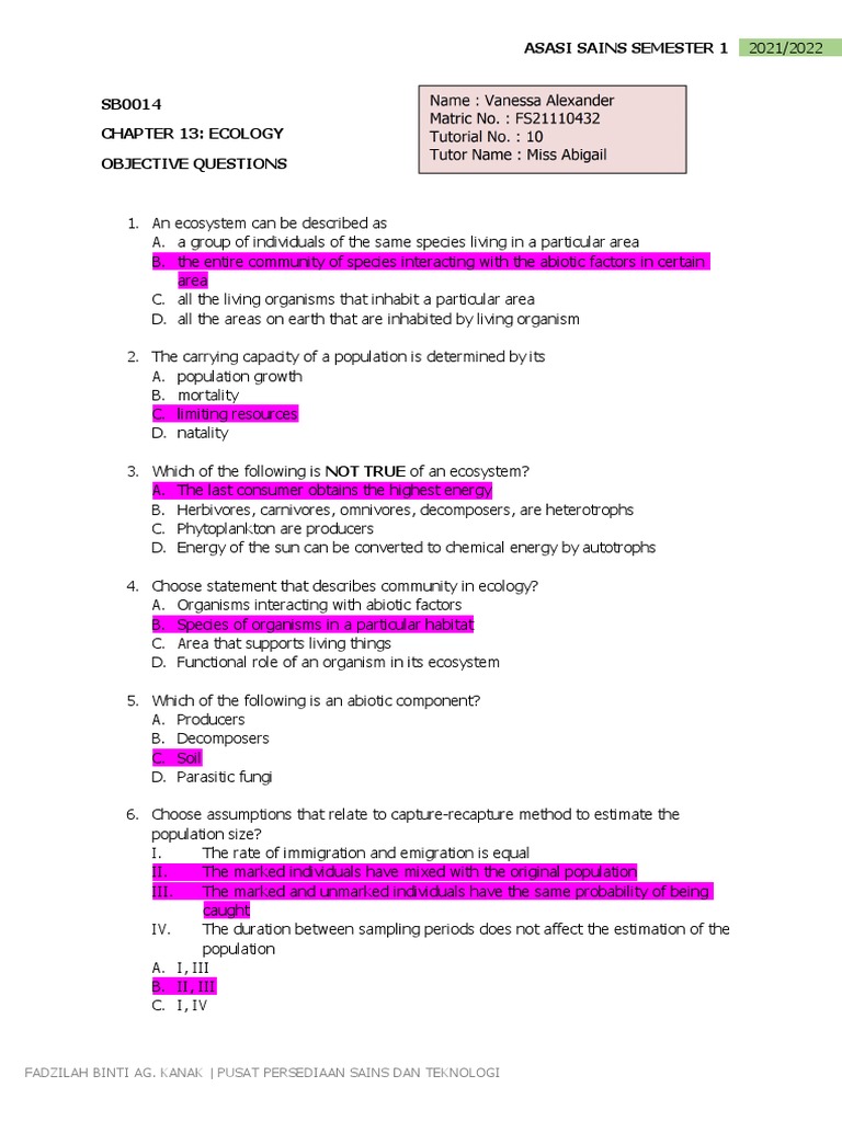 Biology Ecology Questions (With Answer) | PDF | Ecology | Ecosystem