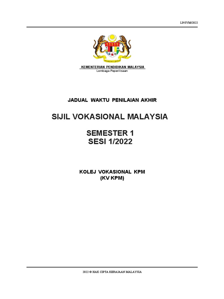 Jadual Waktu PA SVM Semester 1 Sesi 1 2022 KV KPM | PDF