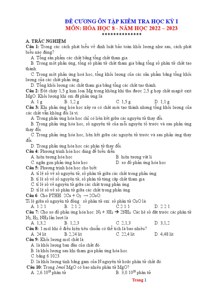 De Cuong On Tap Hoa 8 HK1 Nam 2022 2023 | PDF