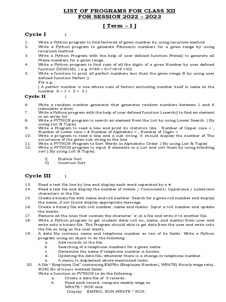 List of programs for class XII session 2022-2023 | PDF | Function (Mathematics) | Numbers