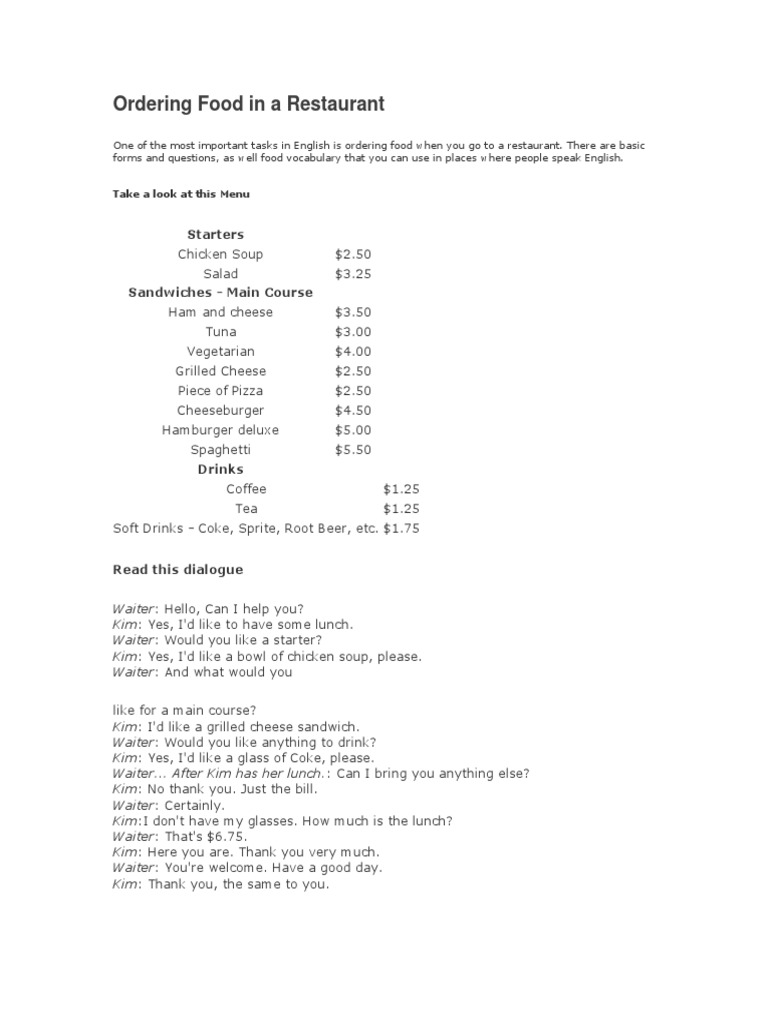 Ordering Something in A Restaurant | PDF | Lunch | Hamburgers