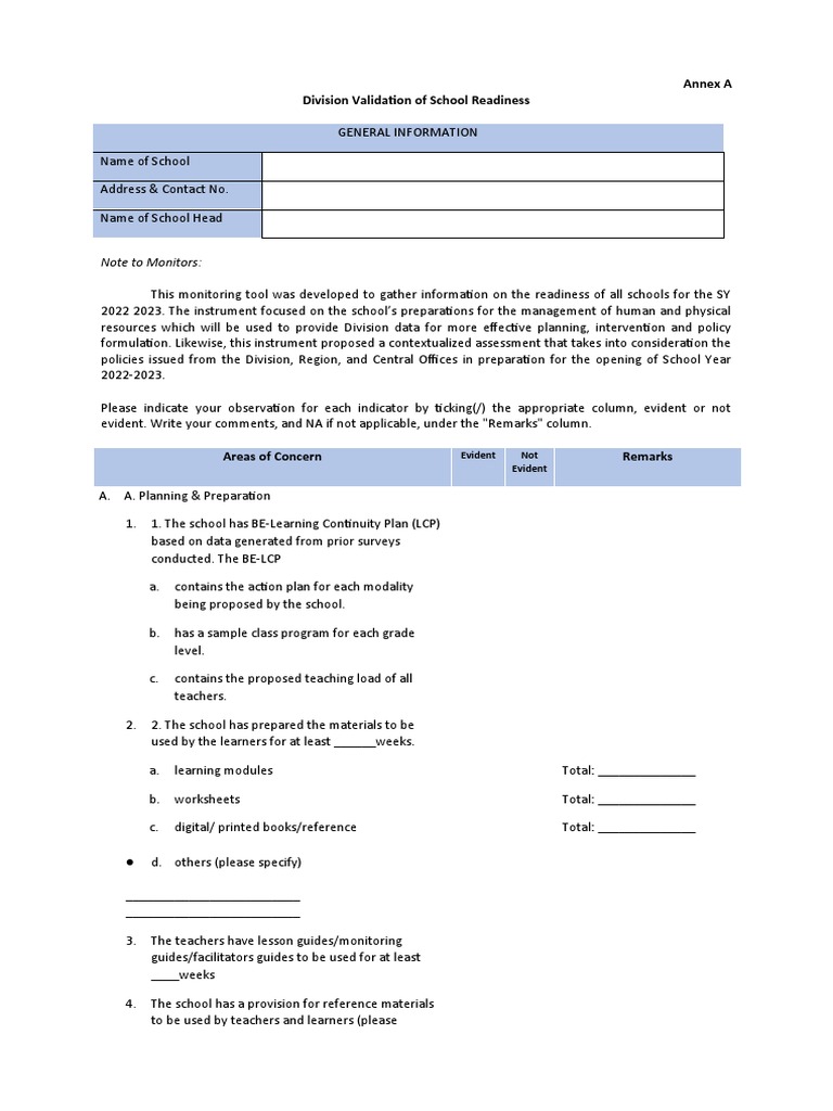 School Readiness Monitoring Tool | PDF | Teachers | Educational Technology