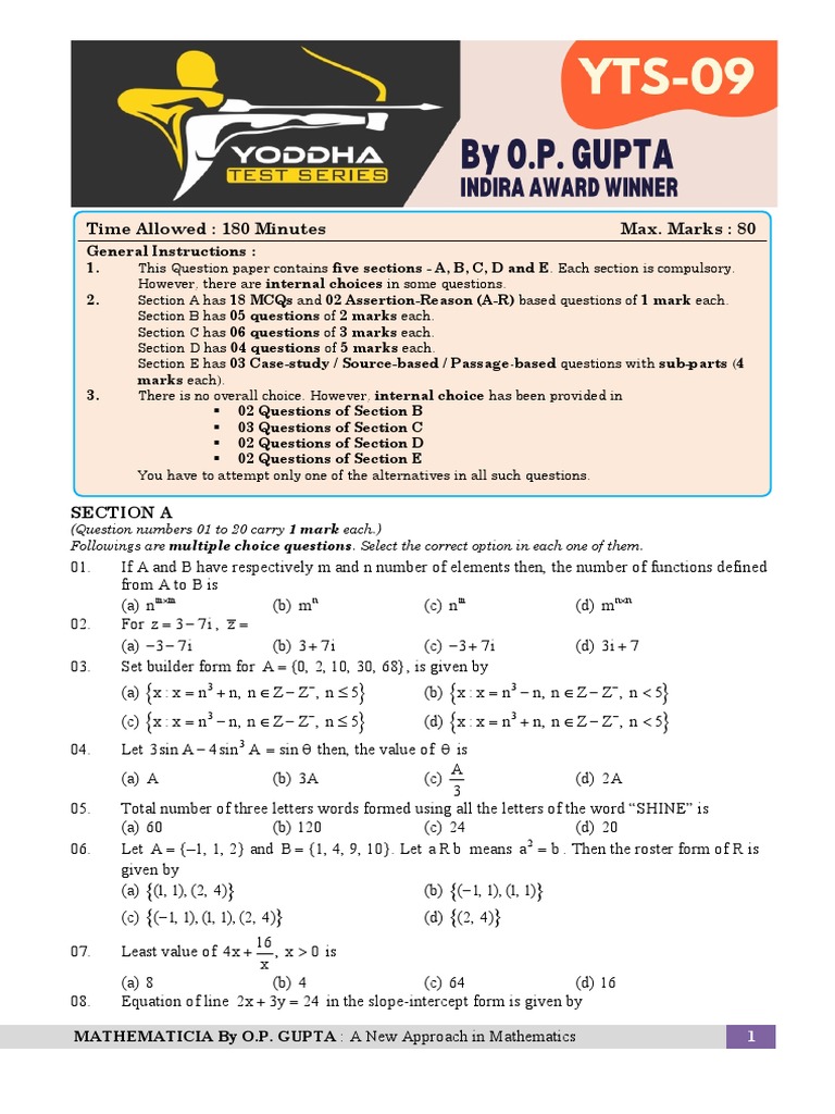 Yts 09 Xi Maths Sample Papers O.P. Gupta | PDF | Function (Mathematics ...