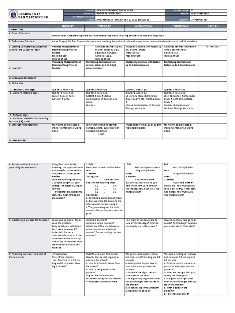 DLL - Mathematics 5 - Q2 - W4 | PDF | Multiplication | Numbers