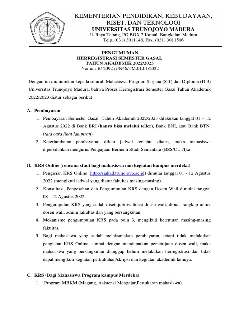 PENGUMUMAN HERREGISTRASI SEMESTER Gasal TA 2022 2023 | PDF