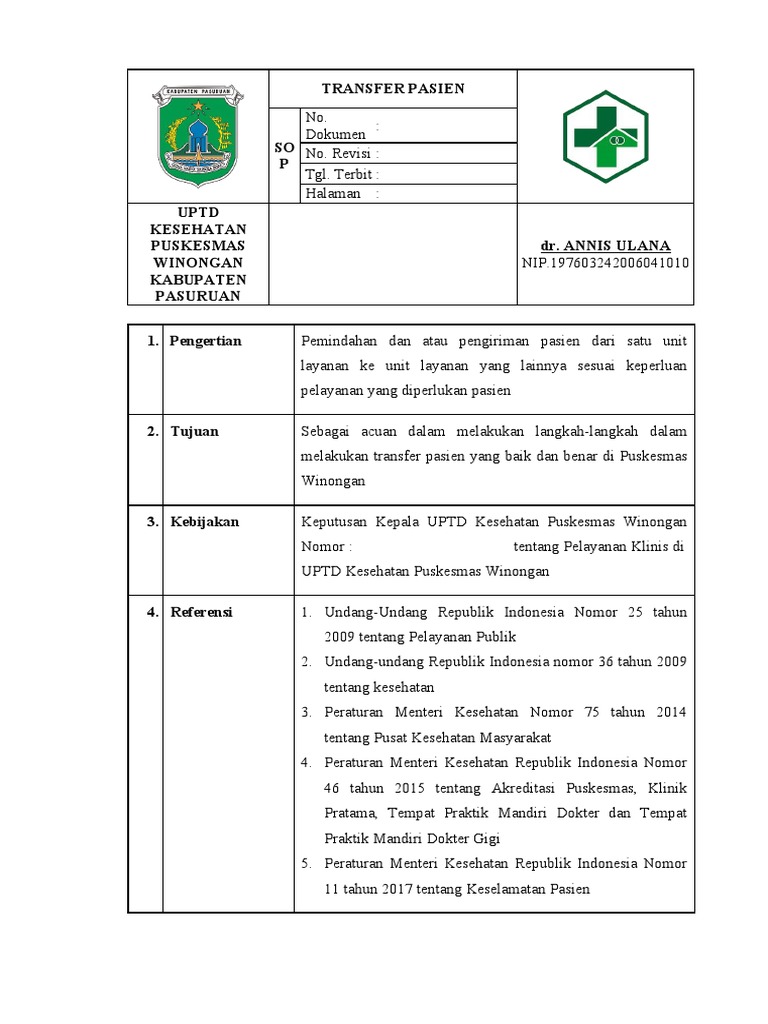 7.1.3.7 SOP Transfer Pasien WINONGAN | PDF 7.1.3.7 SOP Transfer Pasien WINONGAN | PDF