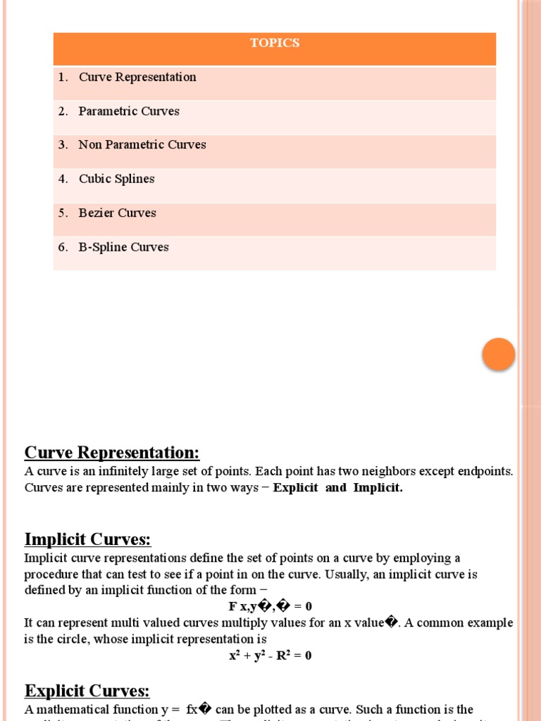 Curve Representation 2. Parametric Curves 3. Non Parametric Curves 4. Cubic Splines 5. Bezier ...