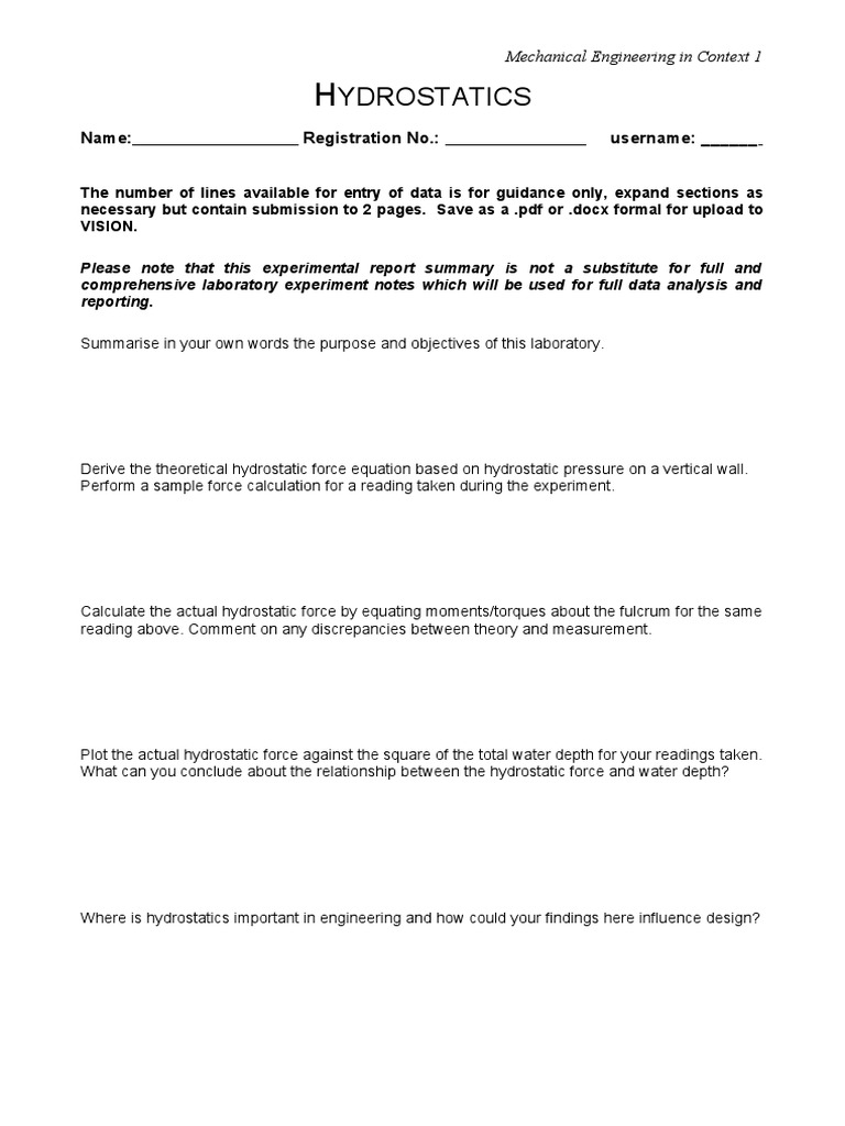 Fluids Short Lab Report - Hydrostatics | PDF
