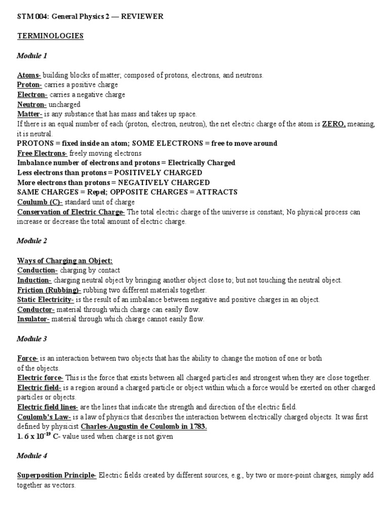 Physics STM 004 Reviewer | PDF | Electric Charge | Electric Field