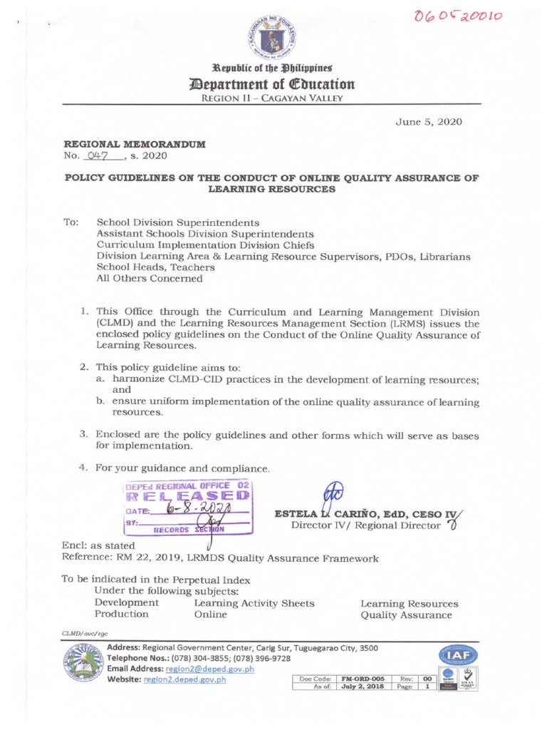 Color Coding RM. 047 POLICY GUIDELINES ON THE CONDUCT OF ONLINE QUALITY ...