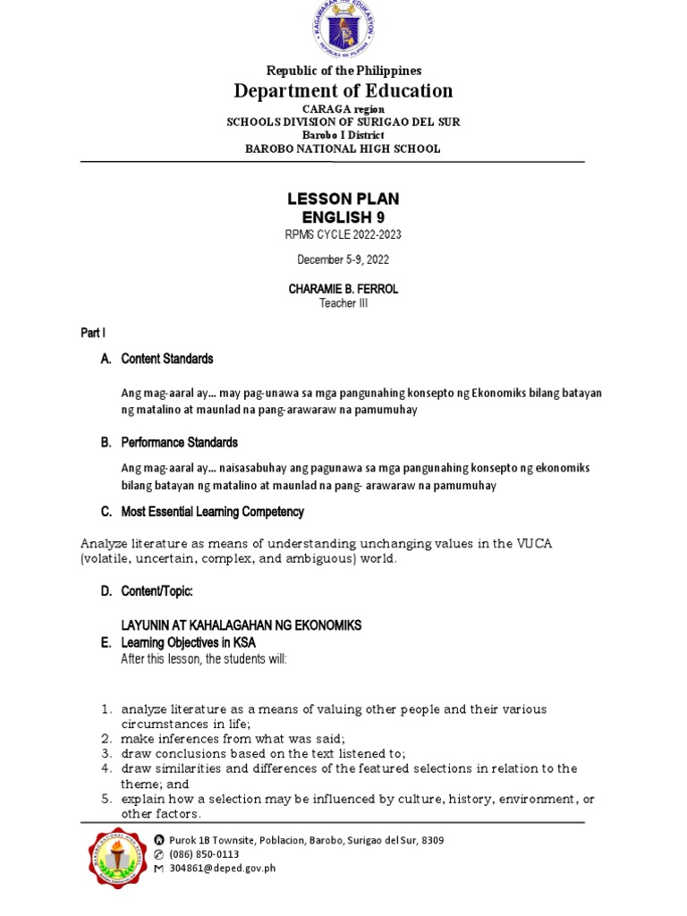 Economics Lesson Plan for English 9 | PDF | Cognition | Learning