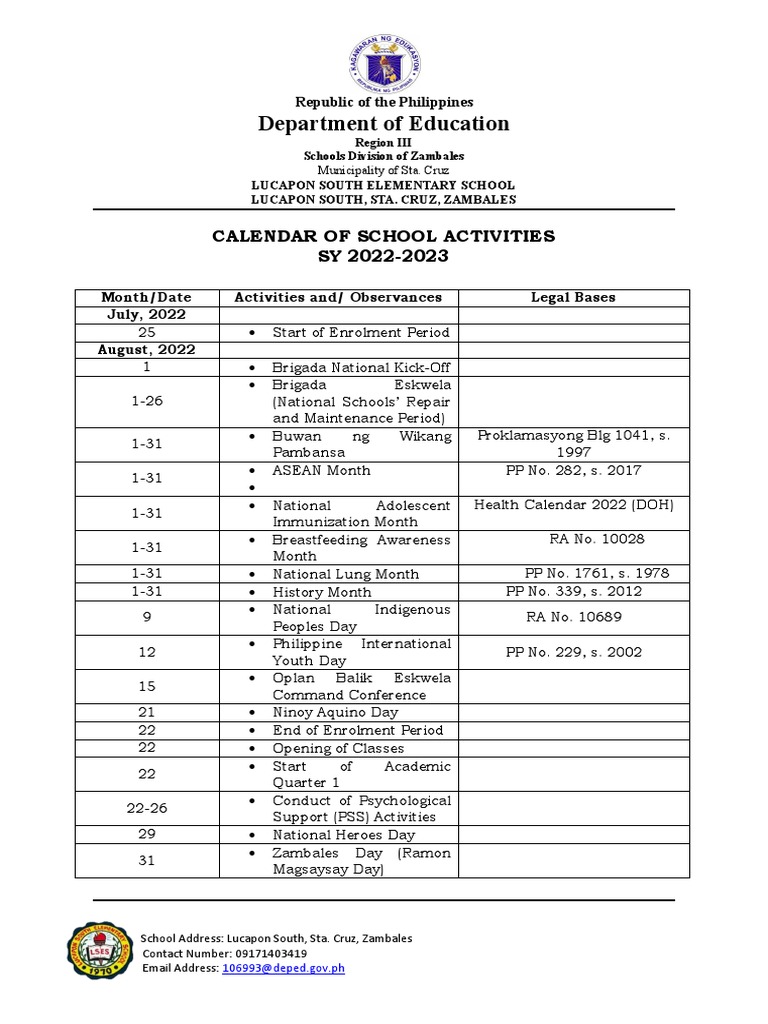 Calendar of Activities 2022 2023 | PDF