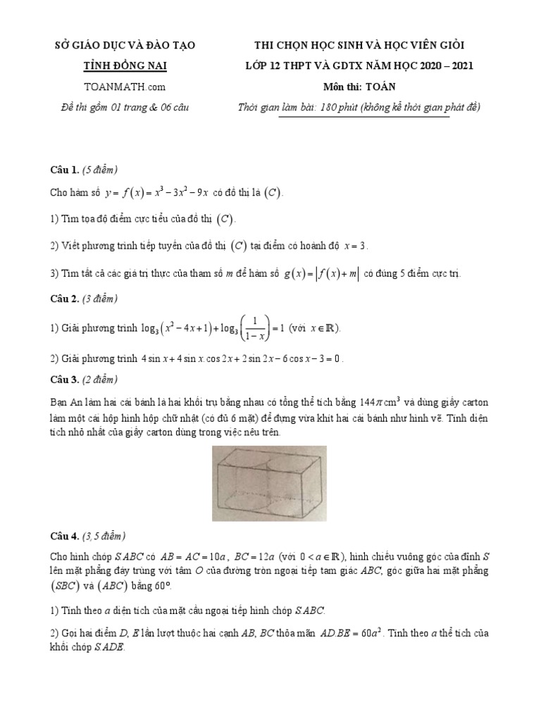 De Thi Hoc Sinh Gioi Toan 12 Nam 2020 2021 So GDDT Tinh Dong Nai | PDF