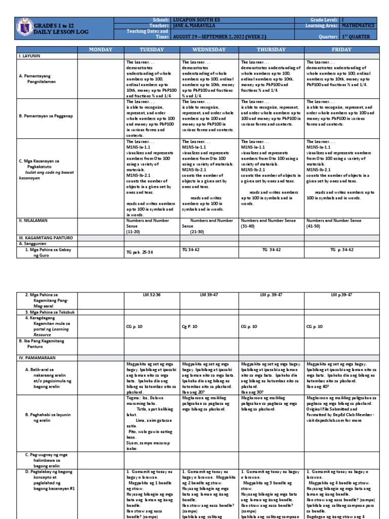 DLL Mathematics-1 Q1 W2 | PDF | Learning | Behavior Modification